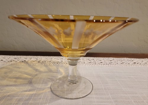 Vintage Intaglio Cut To Clear Canary Yellow Glass Compote Candy Dish | eBay