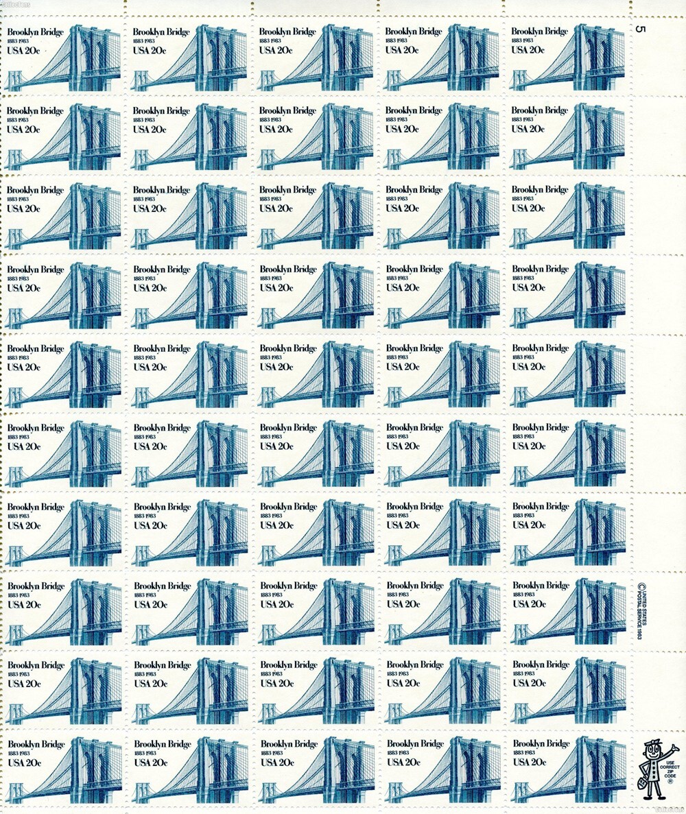Brooklyn Bridge Sheet of Fifty 20 Cent Postage Stamps Scott 2041 | eBay