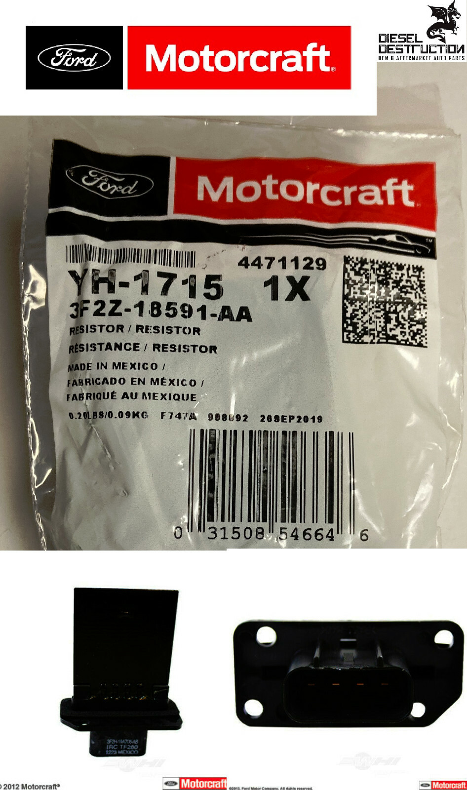 YH-1715 New OEM Genuine Motorcraft OEM HVAC Blower Motor Resistor 3F2Z ...