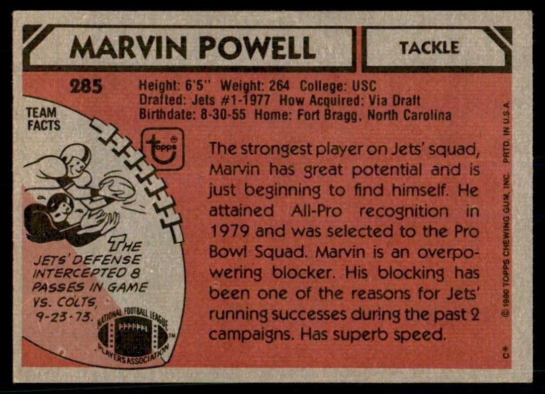 1980 TOPPS NFL Football AFC All-Pro Card #285 🤠 MARVIN POWELL, New York ...