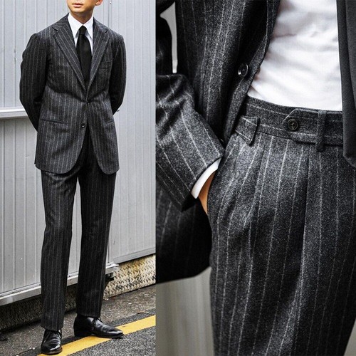 Pinstripe Gray Men's Slim Fit Suits Peak Lapel Wedding Dinner Host ...