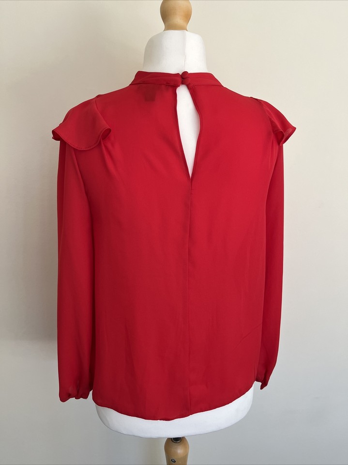 Ladies Red Long Sleeve Frill Chest Top, Slightly Sheer, Sizes 8-14 ...