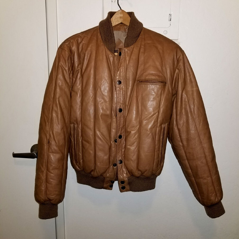 1990's Vintage Quilted Leather Down Jacket MA-1 Style… - Gem