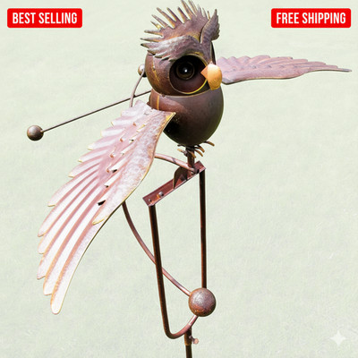 Wing Flapping Kinetic Metal Brown Owl Rocking Yard Stake Wind Spinner ...