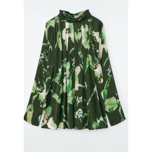 Cos Top Pleated Batwing Floral Satin Women High Neck 2 Green Floral ...