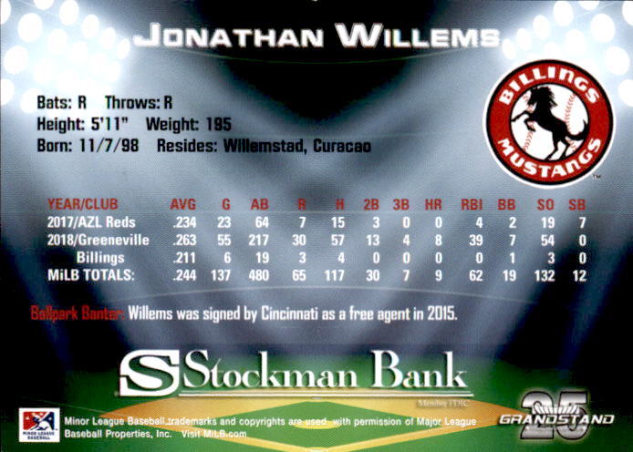 2019 Billings Mustangs Grandstand #36 Jonathan Willems Willemstad ...