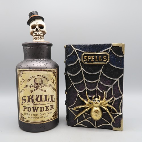 Halloween Decor Potion Bottle Skull Powder & Faux Spell Book w spider ...