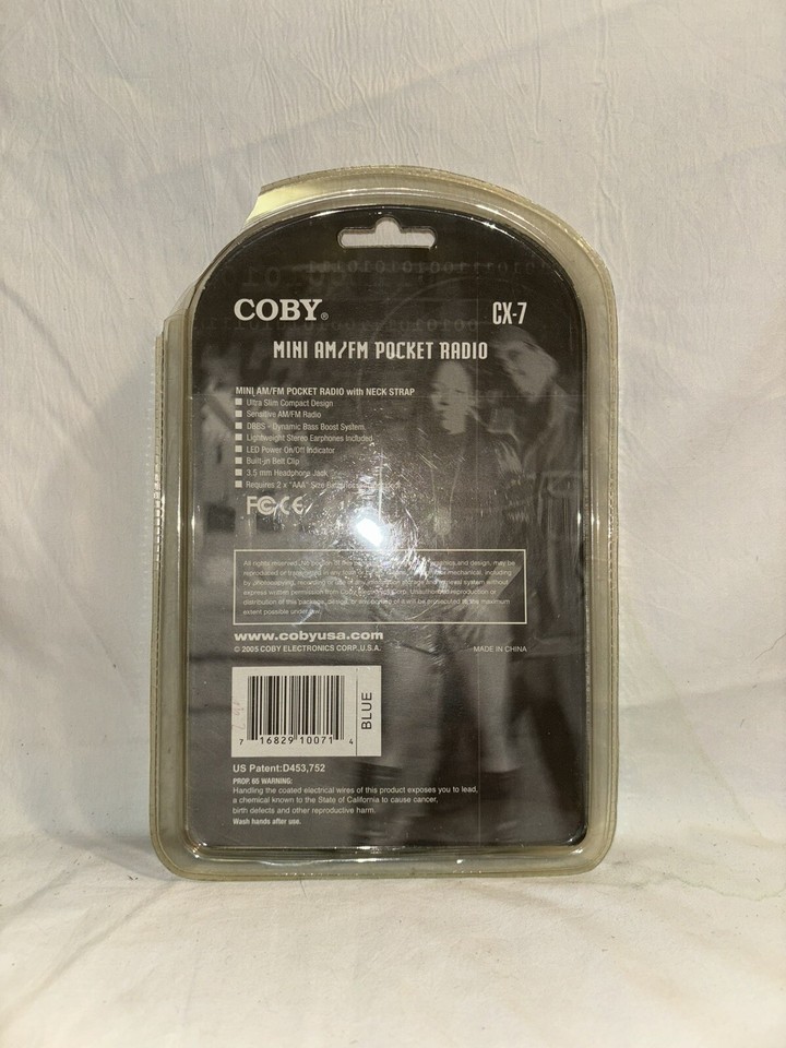Coby Mini AM/FM DBBS Pocket Radio Blue/Silver, Earphones, Neck Strap ...