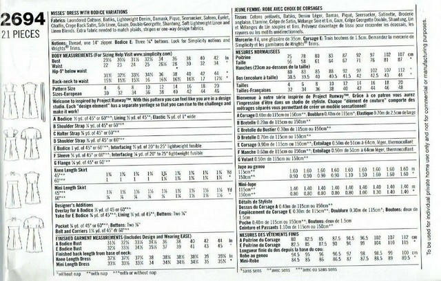 Simplicity 2694 Size P5 12-20 Misses' Dress w/ Variations Uncut Sewing ...