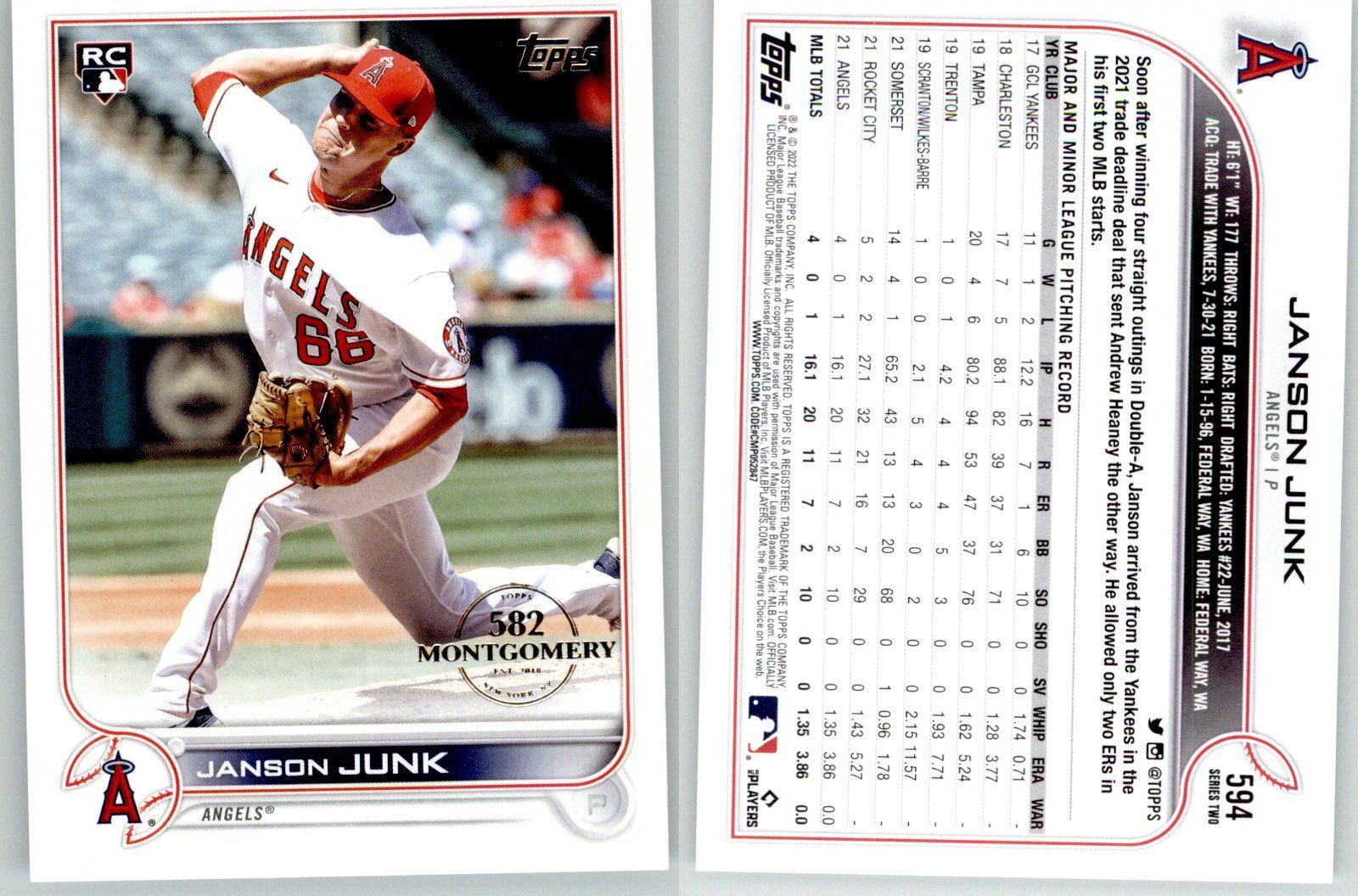 Janson Junk 2022 Topps 582 Montgomery Stamped Set #594 Angels RC Rookie ...