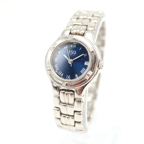 ESQ Esquire Swiss Womens Watch Silver Tone 27mm Blue Date Dial w New ...