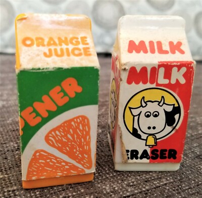 Vintage Orange Juice Carton PENCIL SHARPENER & MILK ERASER 1985 Taiwan ...