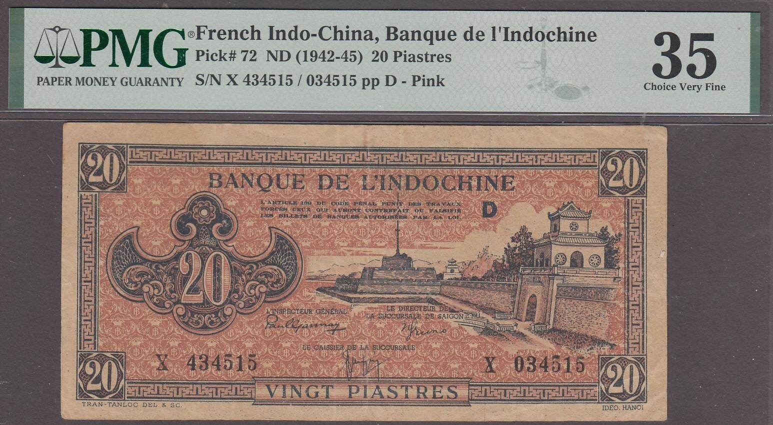 French Indochina 20 Piastres Banknote P-72 ND (1942-45) Pink PMG 35 | eBay