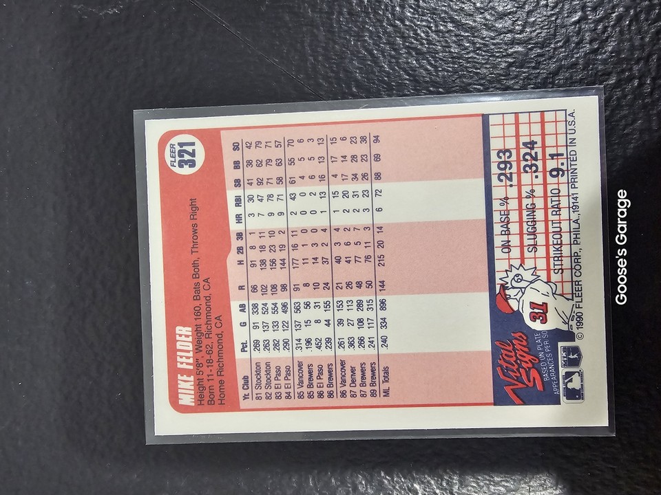 1990 Fleer #321 Mike Felder Milwaukee Brewers MLB Major League Baseball ...