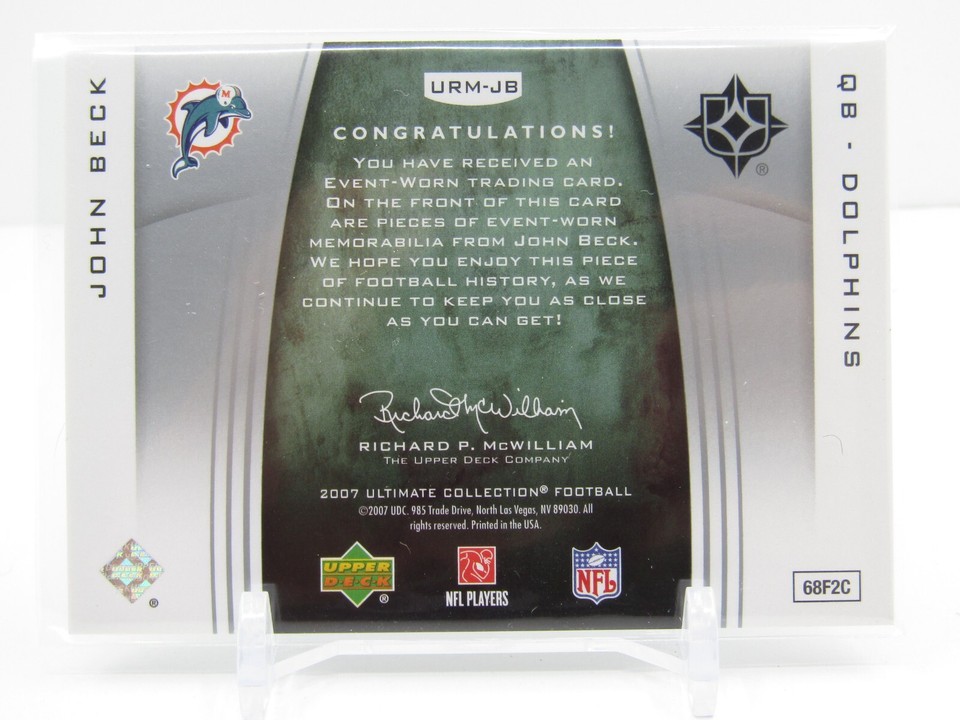 JOHN BECK 2007 UD ULTIMATE COLLECTION ROOKIE RC DUAL PATCH- DOLPHINS ...