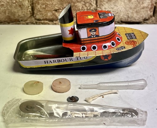 Vintage Rattandeep Metal Tin Harbour Tug Boat 1950s Candle Powered ...