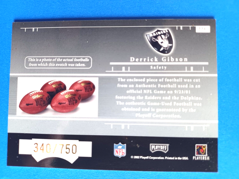 2002 PLAYOFF PREFERRED DERRICK GIBSON #221 ROOKIE MATERIALS /750 ...