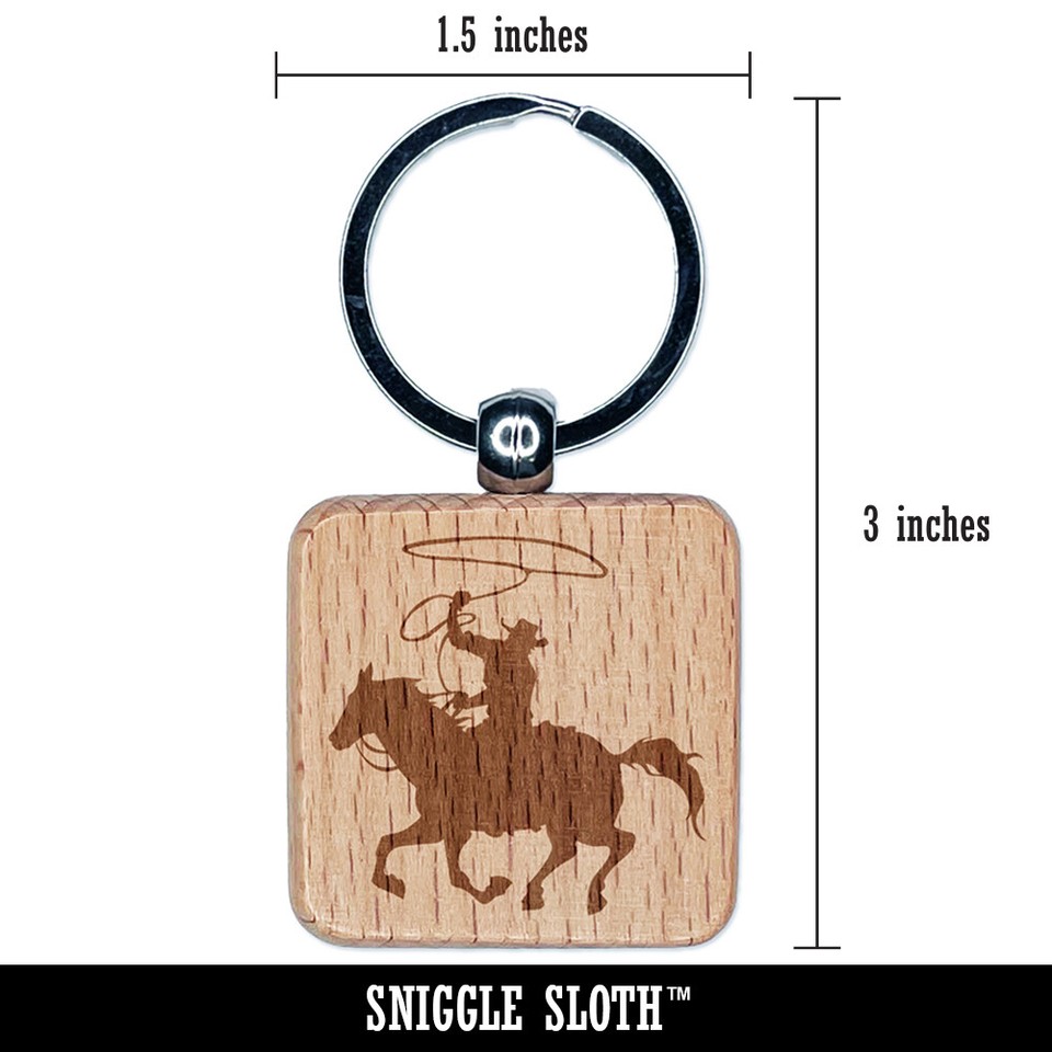 Cowboy on Horseback With Lasso Engraved Wood Square Keychain Tag Charm ...