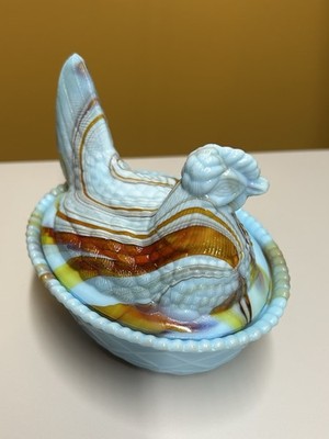 Westmoreland Slag Glass Chicken HEN on The NEST Blue Orange Yellow ...