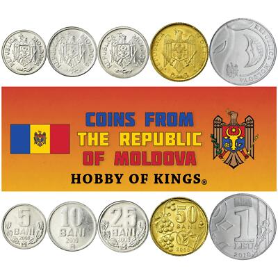 Moldovan 5 Coin Set 5 10 25 50 Bani 1 Leu | Bull | Eagle | Moldova ...