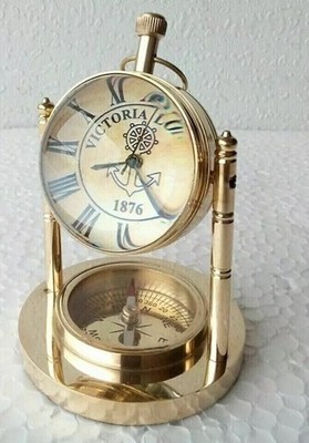 Nautical Antique Brass Desk Clock Marine Compass Table top Clock Office ...