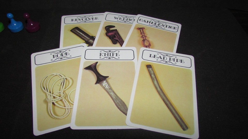 Game Pieces - 1972 Clue 6 Player Weapon Cards - Knife, Gun, Rope ...