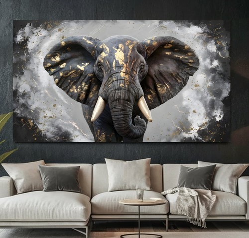 LEINWAND BILD BIS 165x90x5 ELEFANT GRAU-GOLD ZEITGENÖSSISCH KUNST ...