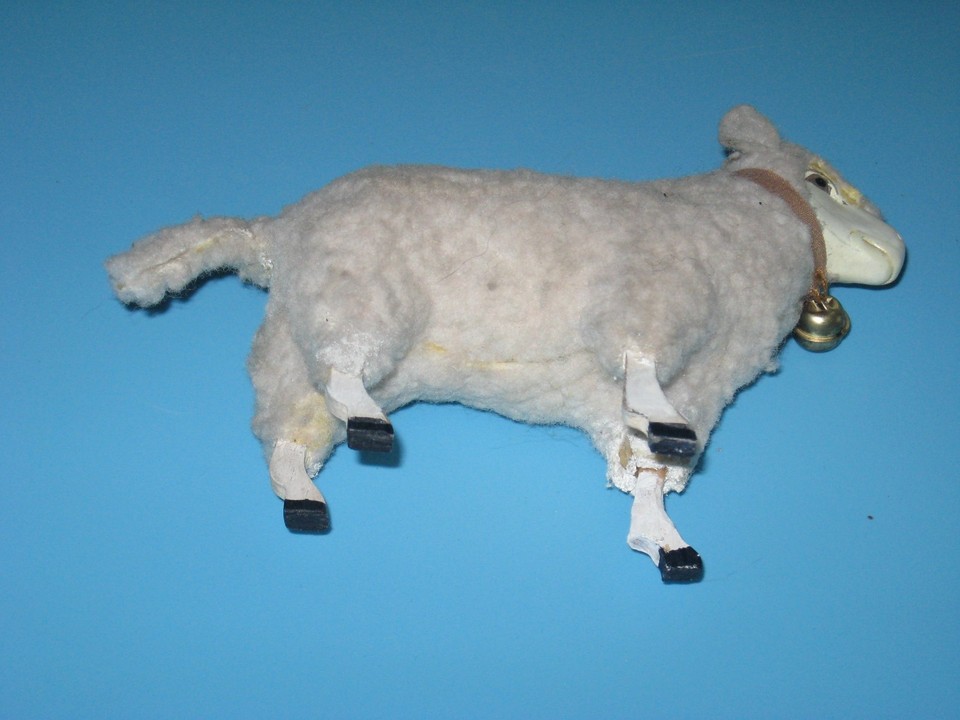 Antique Germany Putz Stick Leg Wooly Sheep~4~Original Gold Collar and ...