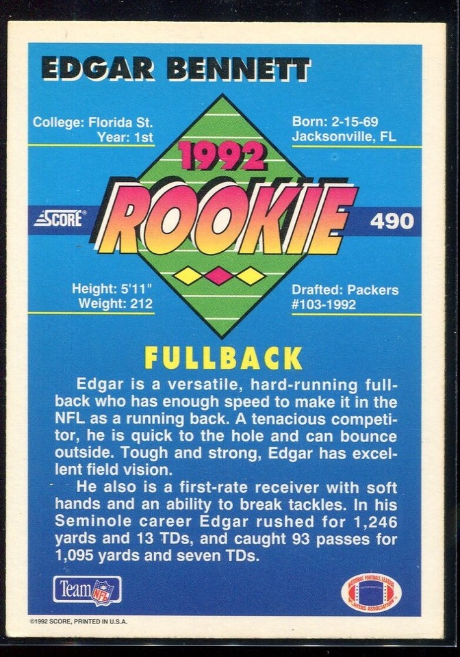 1992 Score Rookie Edgar Bennett #490 Green Bay Packers | eBay