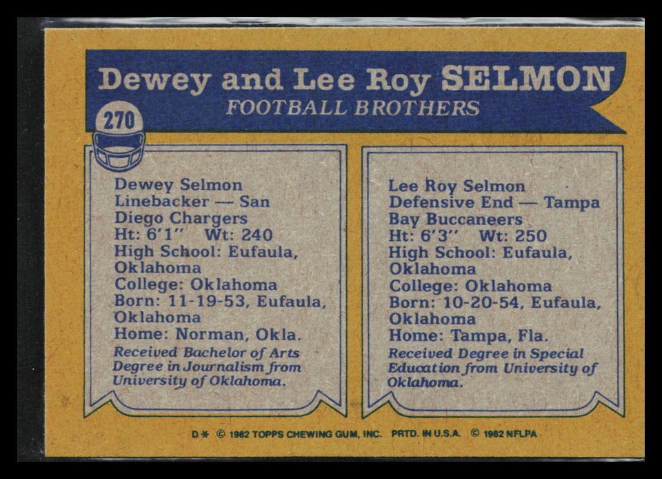 1982 Topps Dewey Selmon / Lee Roy Selmon BRO #270 | eBay