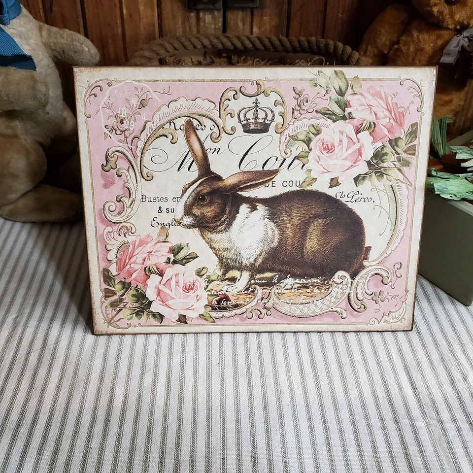 OLD VINTAGE PRIMITIVE SHABBY VICTORIAN STYLE PINK ROSES BUNNY RABBIT ...