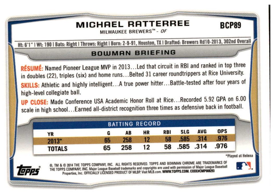 2014 Bowman Chrome Prospects Michael Ratterree BCP89 | eBay