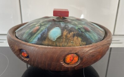 Vintage J. CAPO ESMALTES Enamelled and Wooden lidded box Signed to lid ...