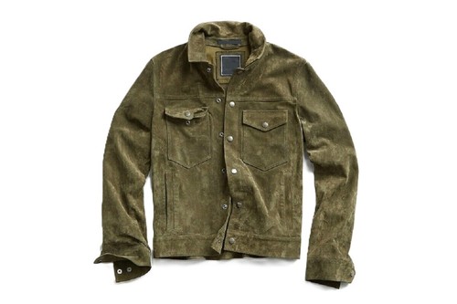 Men's Olive Green Suede Jacket Trucker Biker Shirt Snap Button Closure ...