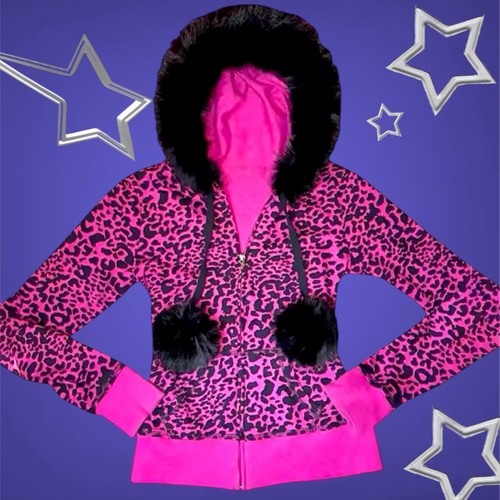 Y2K EMO CHEETAH PINK BLACK HOODIE SWEATSHIRT ZIP UP FUR HOOD TRIM SCENE ...