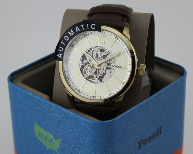 Fossil Men's Flynn Automatic Skeleton Gold Tone Brown Leather Watch ...