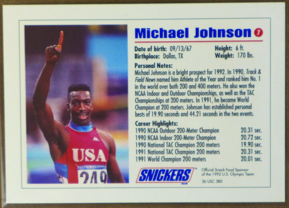Michael Johnson 1992 Snickers U.S. Olympic Cards #7 Summer Olympics ...