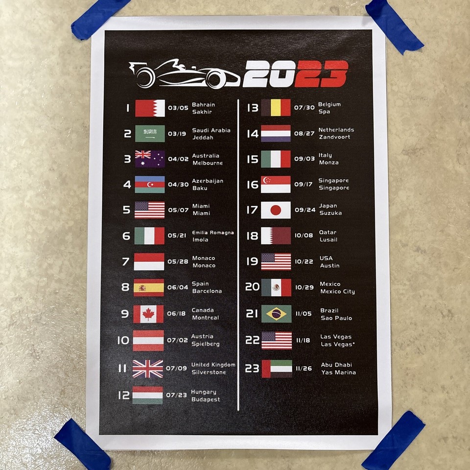 Formula 1 Calendar 2023 Race Car Poster Canvas Wall Art 12x18 inch New ...