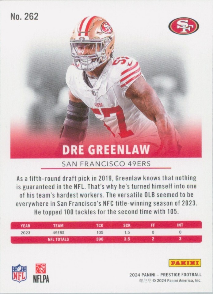 Dre Greenlaw 2024 Prestige #262 San Francisco 49ers Arkansas Football ...