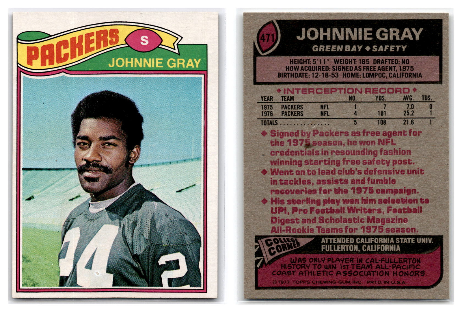 1977 Topps #471 Johnnie Gray EXMT/NM - Green Bay Packers | eBay