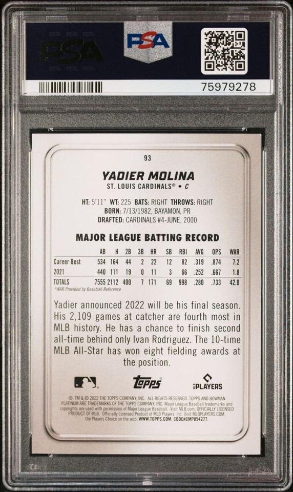 2022 Bowman Platinum BLUE Baseball Yadier Molina Card #93 PSA NM-MT 8 ...