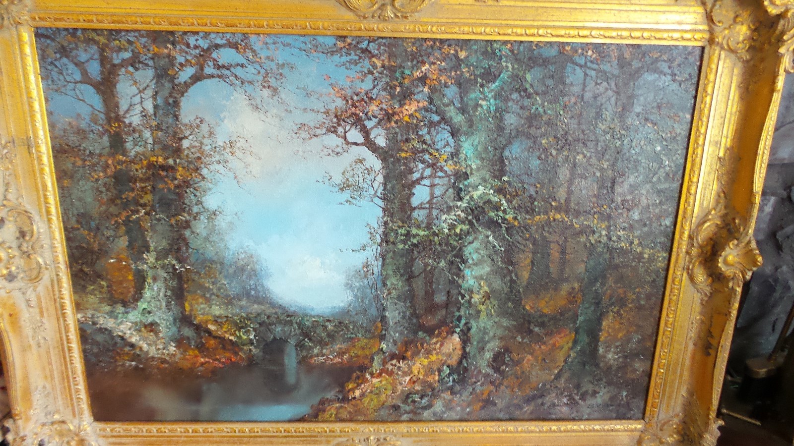 ANTIQUE ORIGINAL OIL PAINTING LANDSCAPE STONE BRIDGE SIGNED W. BRAUER ...