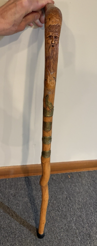 Vtg German Walking Stick Hiking Cane W Metal Medallions Badges Carved ...