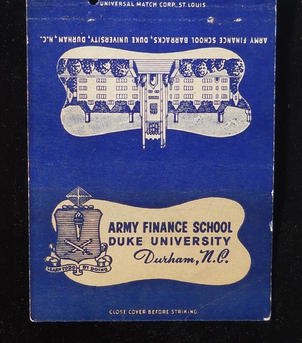 1940s MATCHBOOK POSTCARD WW2 Army Finance School Duke University Durham ...