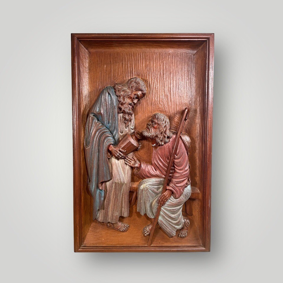 Bas Relief Wood Resin Wood Carving Religious Scene - Signed 27.75 x 17. ...