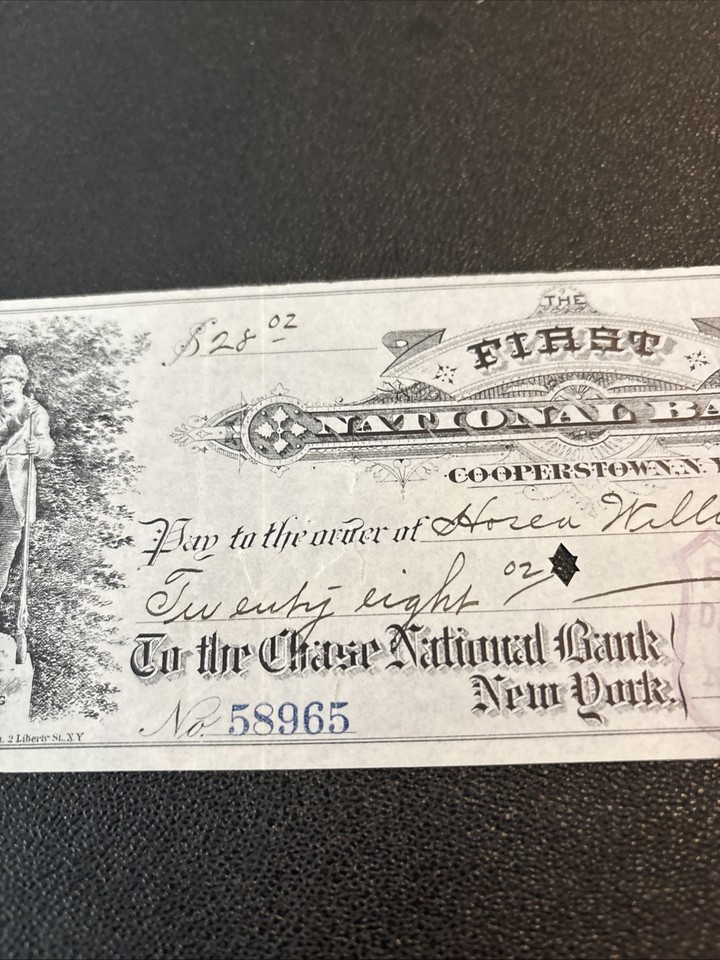 1899 COOPERSTOWN NEW YORK~8 3/8 X 3 1/4”~1ST NATIONAL BANK CHECK~2 CENT ...