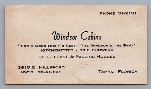 1950s Windsor Cabins (Motel) Tampa, Florida Vintage Business Card ...