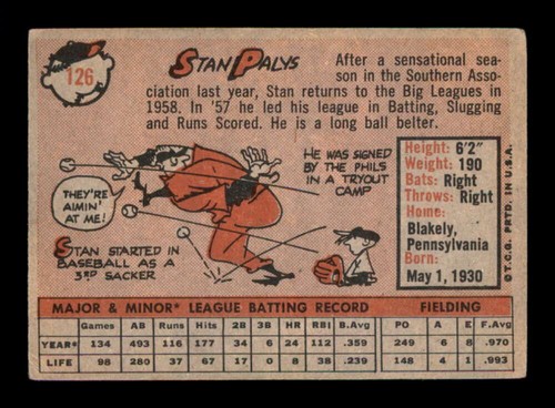 1958 Topps #126 Stan Palys RC VG/VGEX X3250469 | eBay