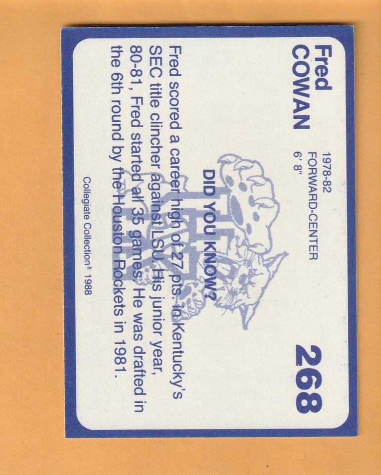 Fred Cowan Kentucky Wildcats AUTO Signed 1988 Card #268 Sturgis Union ...