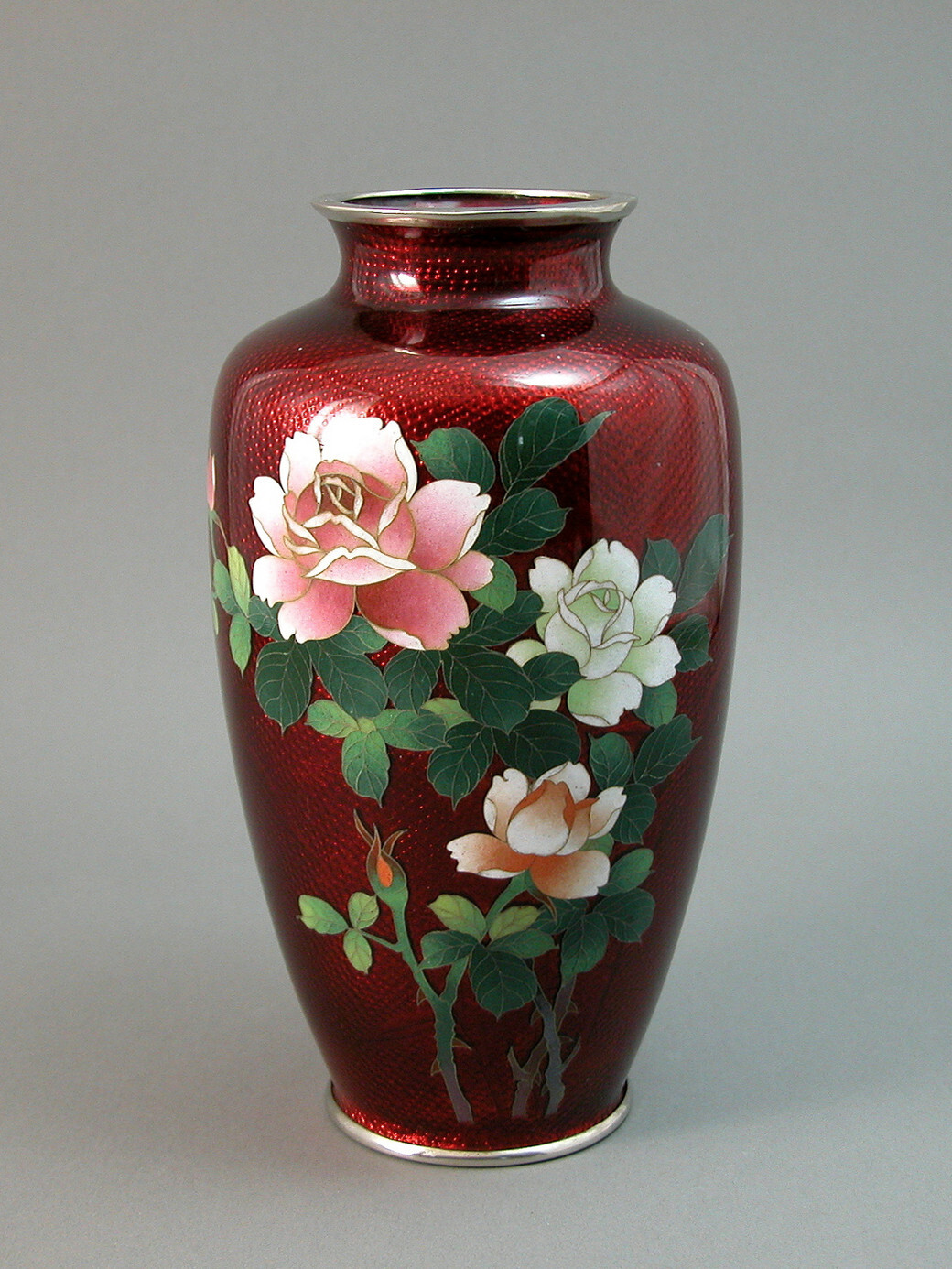 Japanese Akasuke Ginbari-Jippo Cloisonne Rose Vase Red Enamel over ...